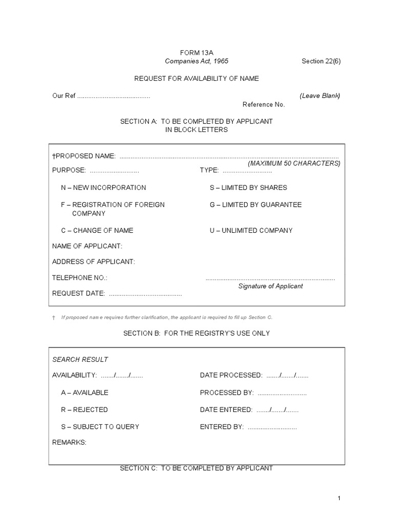 Form 13A Request For Availability of Name | PDF