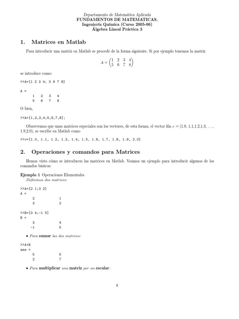 Operaciones de Matrices Con Matlab | PDF | Matriz (Matemáticas ...