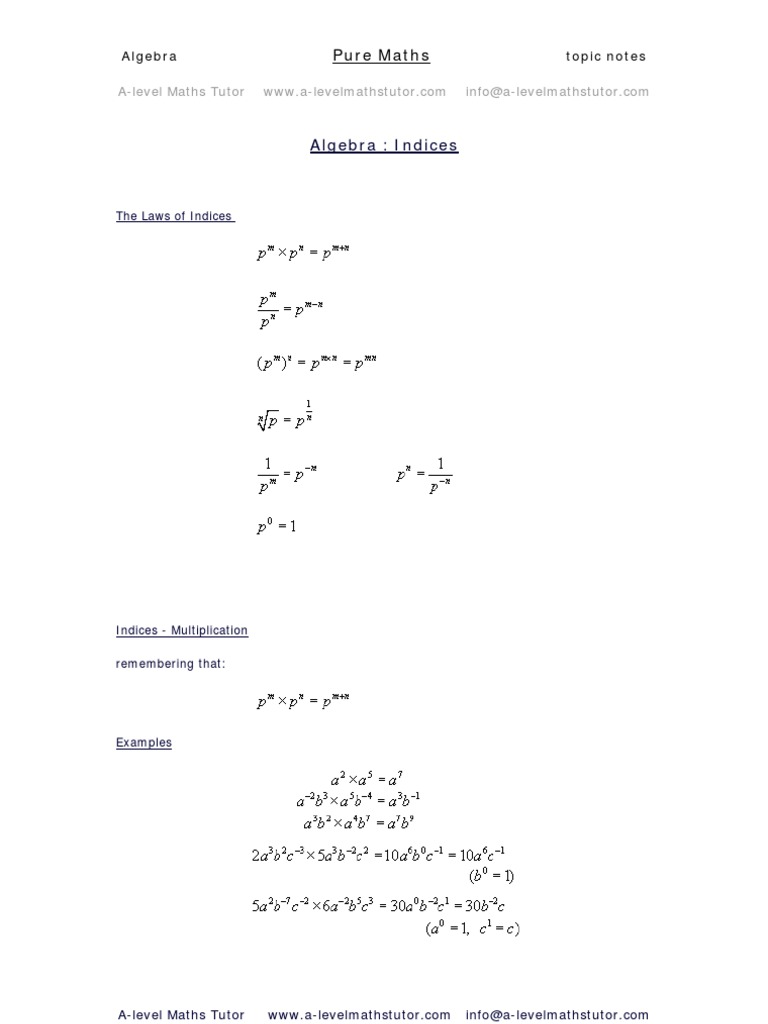 Indices, Algebra Revision Notes From A-Level Maths Tutor | PDF