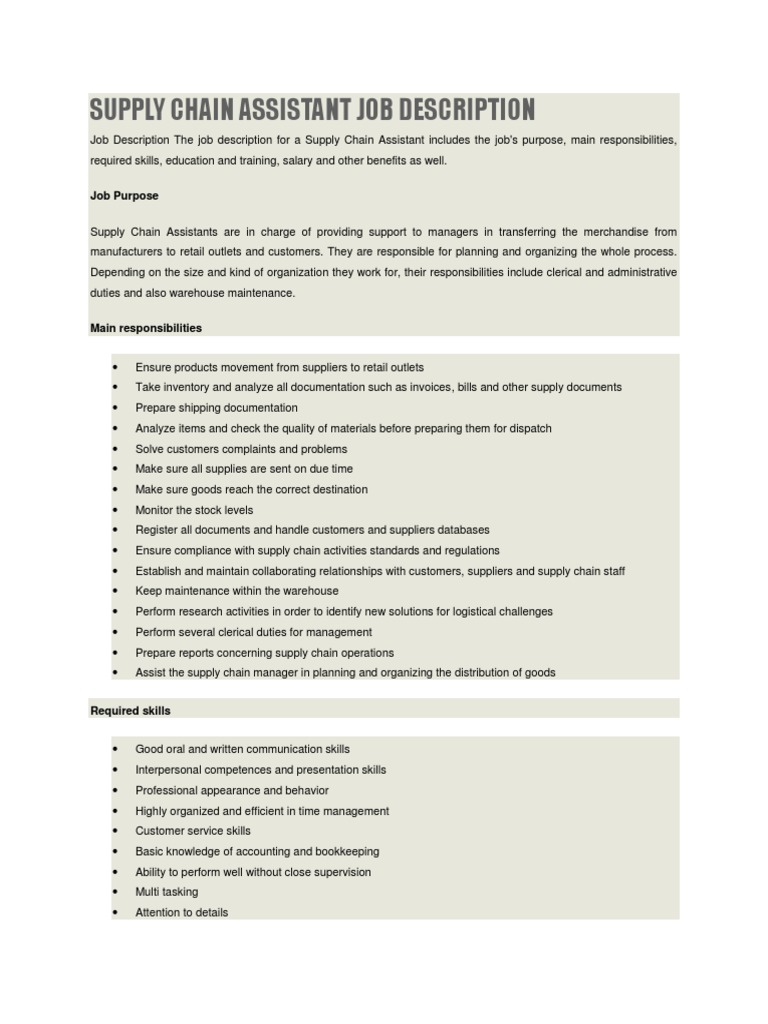 Supply Chain Assistant Job Description | Download Free PDF | Supply ...