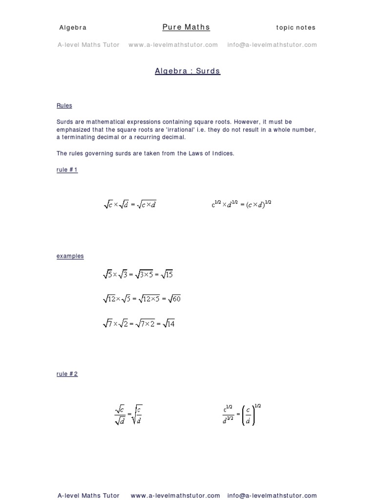Surds, Algebra Revision Notes From A-Level Maths Tutor | PDF | Fraction ...