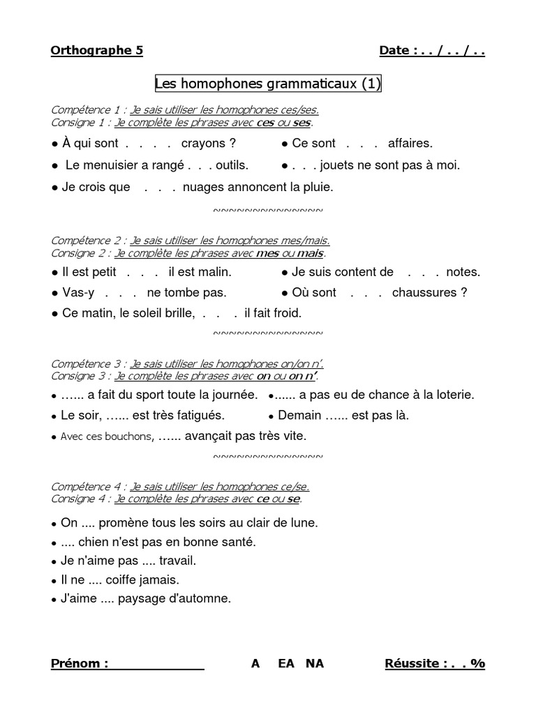 Exercices sur les homophones à imprimer | PDF