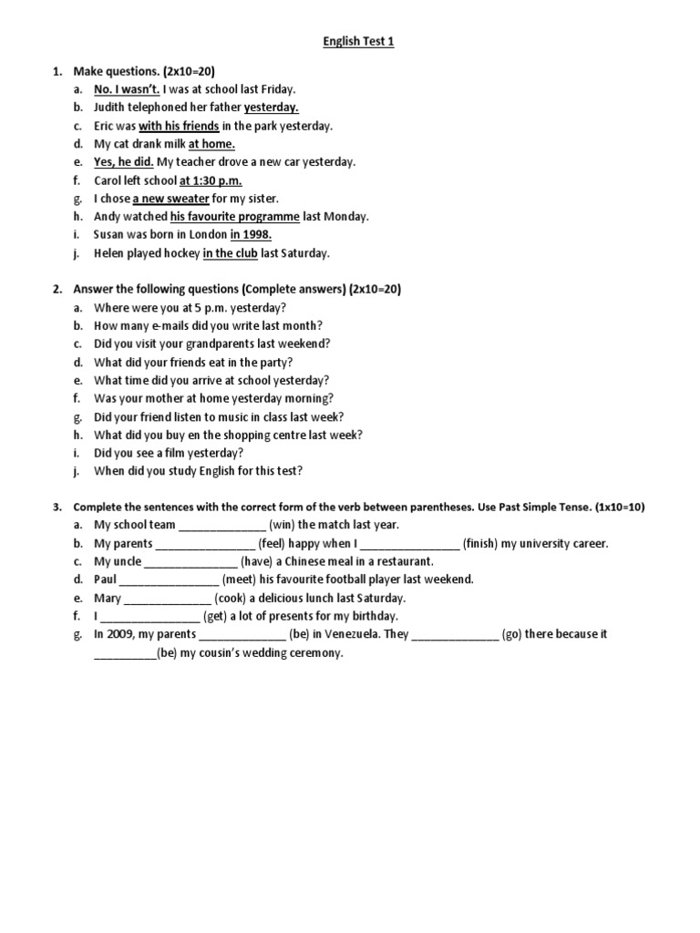 English Past Simple Test Questions | PDF
