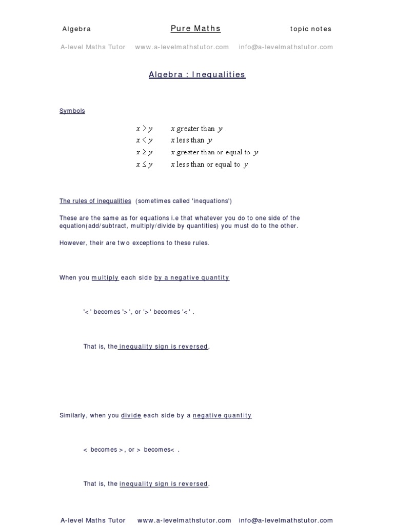 Inequalities, Algebra Revision Notes From A-Level Maths Tutor | PDF ...