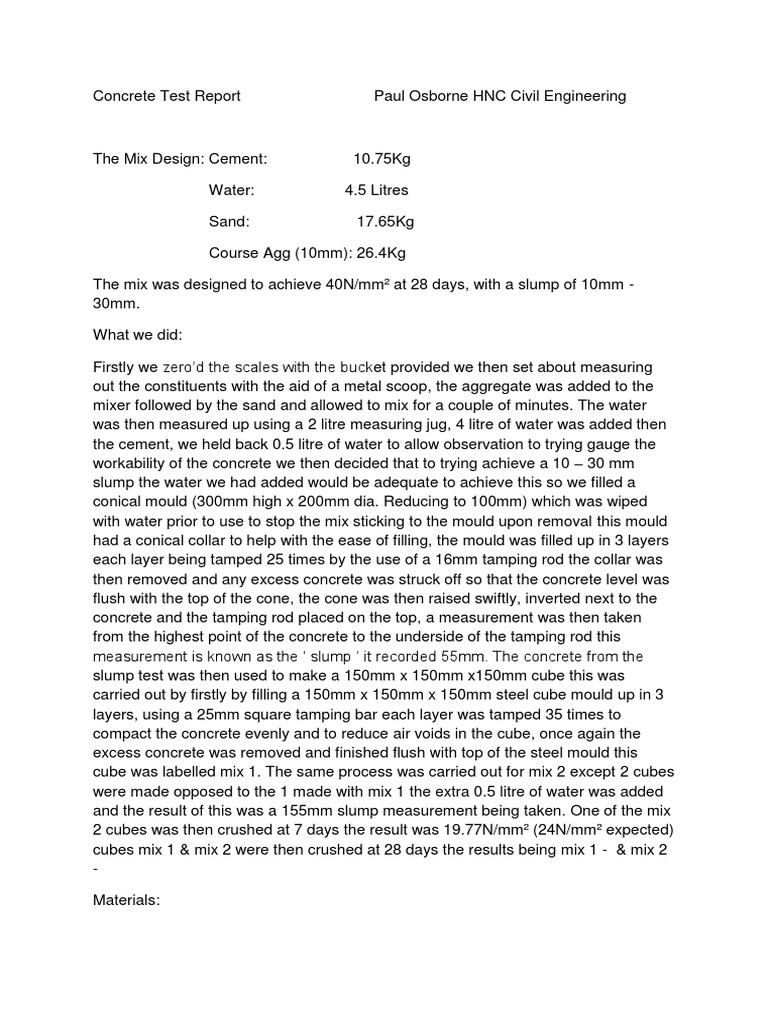 Concrete Test Report Paul Osborne HNC Civil Engineering | PDF ...