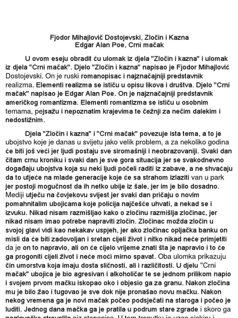 Esej iz hrvatskog jezika, usporedba dvaju djela, Crni mačak i Zločin i ...