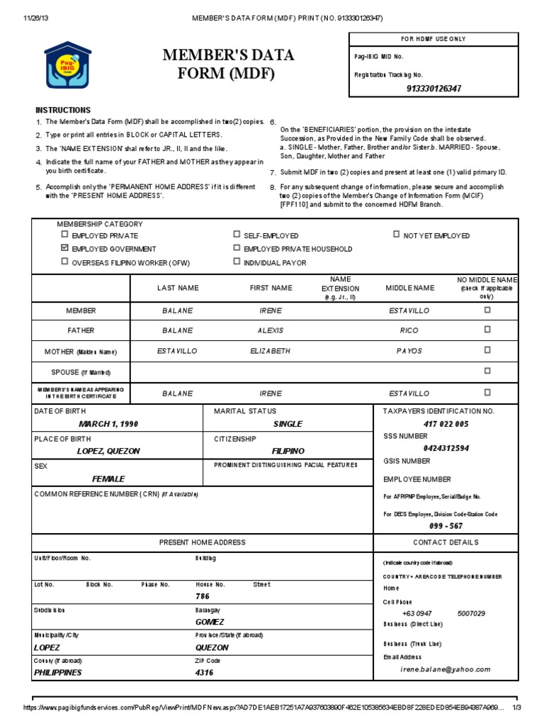 Member's Data Form (MDF) PAG-IBIG | PDF