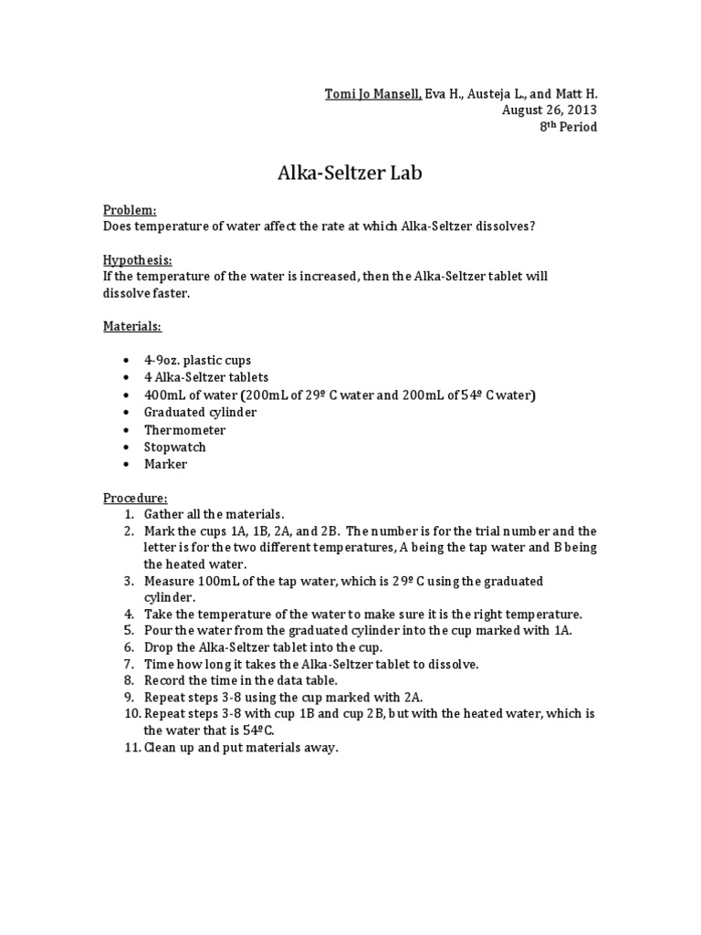 Alka-Seltzer Dissolution Rate Lab | PDF