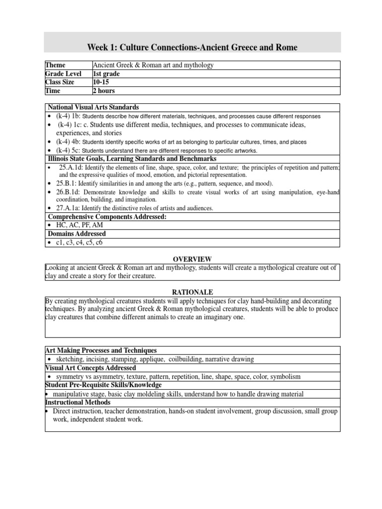309 WK 1-Greek Roman Lesson Plan | PDF | Mythology | Greek Mythology