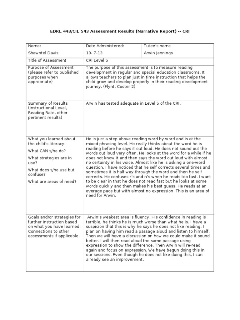 CRI Level 5 Assessment Results for Arwin | PDF