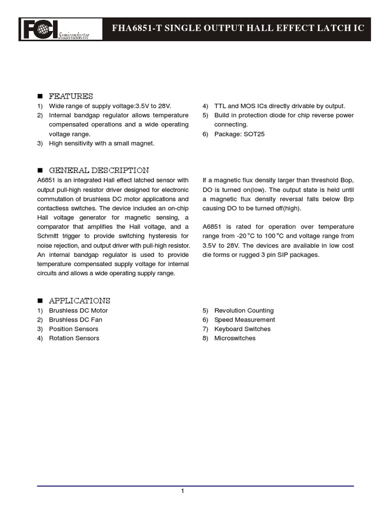 Hall Effect Sensor (6851) Datasheet | PDF | Force | Electricity