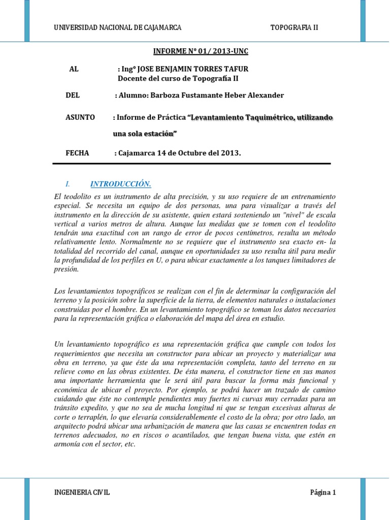 1° LEVANTAMIENTO TAQUIMETRICO Verdadero | PDF | Topografía | Agrimensura