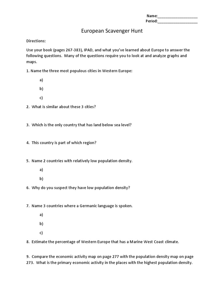 European Geography Scavenger Hunt 7th Grade | PDF | Western Europe ...