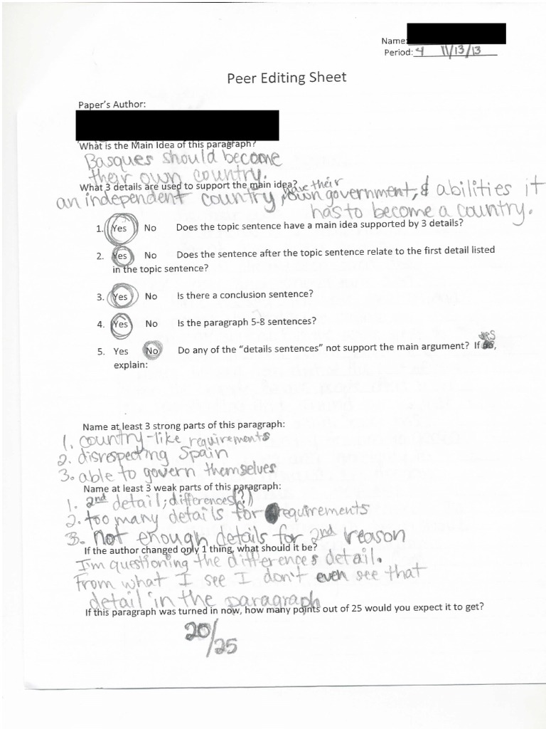Peer Editing Sheet for Paragraph Review | PDF