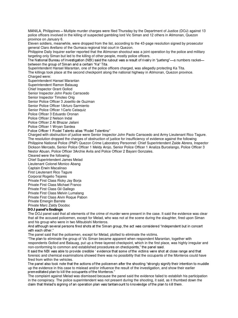 DOJ Charges 13 Cops in Atimonan Rubout | PDF | Police | Misconduct