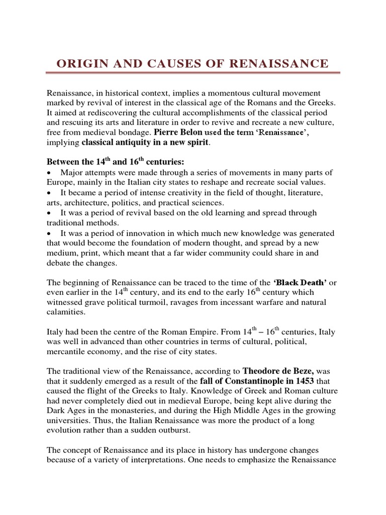 Origin and Causes of Renaissance | PDF | Renaissance | Byzantine Empire