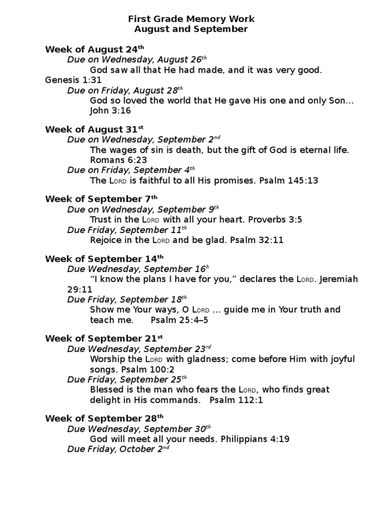 First Grade Bible Verses Schedule | PDF | Art | Religion & Spirituality