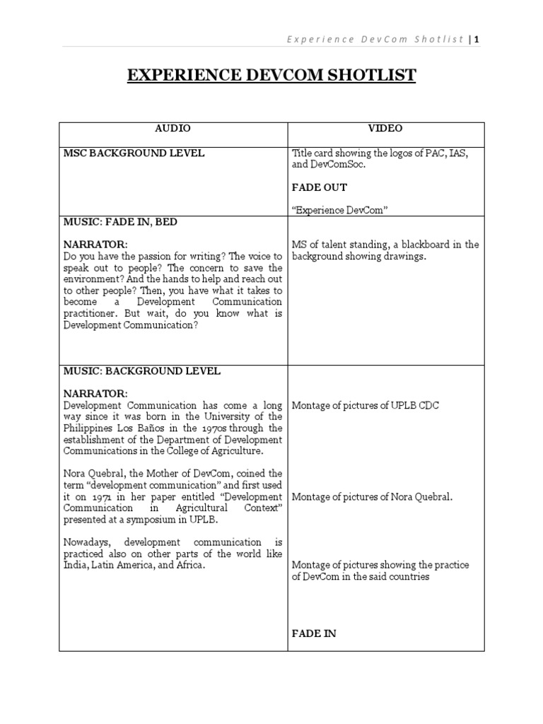 Experience Devcom Shotlist | PDF