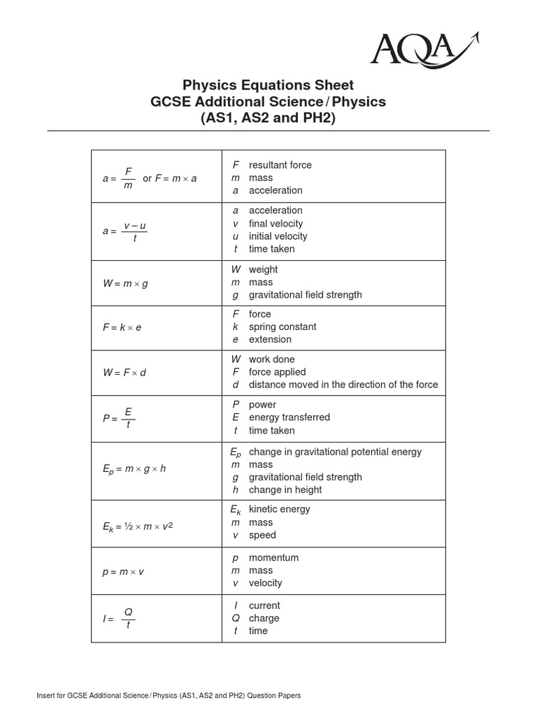 Gcse Physics Equations Sheet As1 As2 Ph2 | PDF