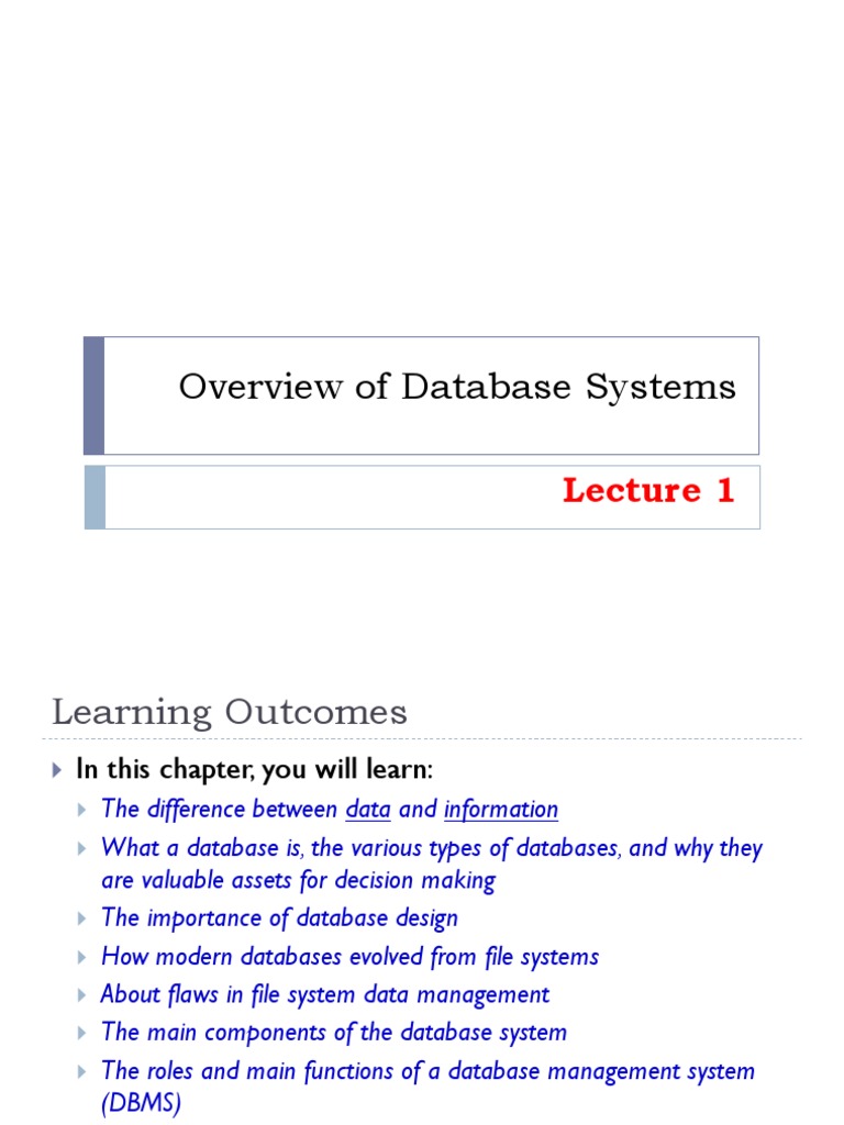 Overview of Database Systems Lecture 1 | PDF | Databases | File System
