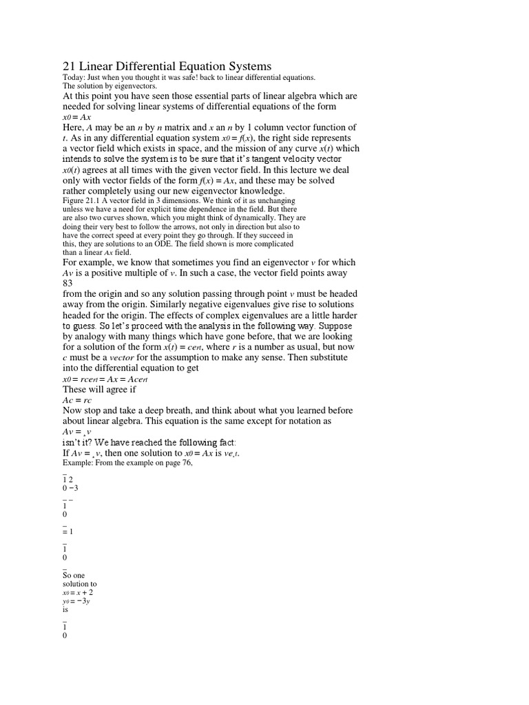 21 Linear Differential Equation Systems: X T. As in Any Differential ...