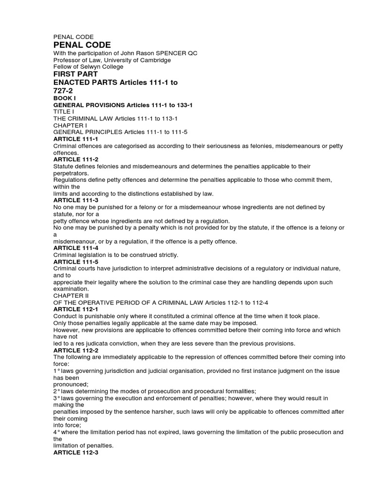 An Overview of the General Provisions and Structure of the French Penal ...