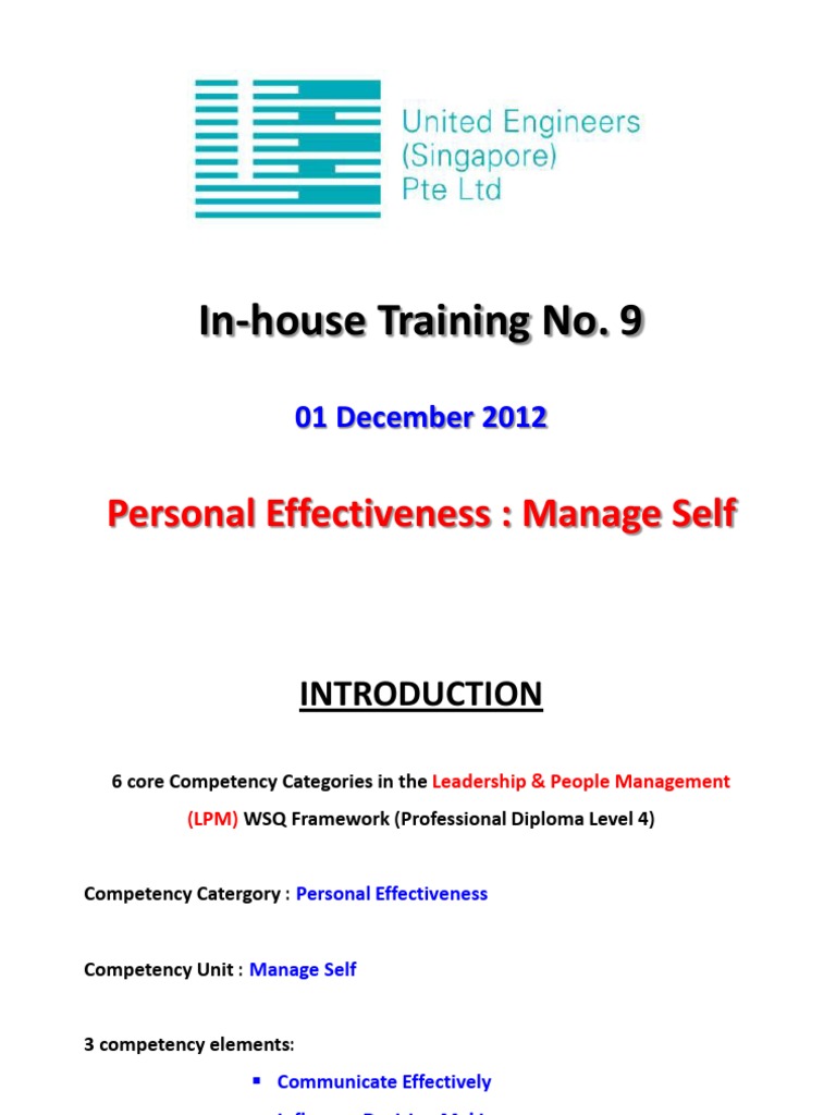 In-House Training No. 9: Personal Effectiveness: Manage Self | PDF ...