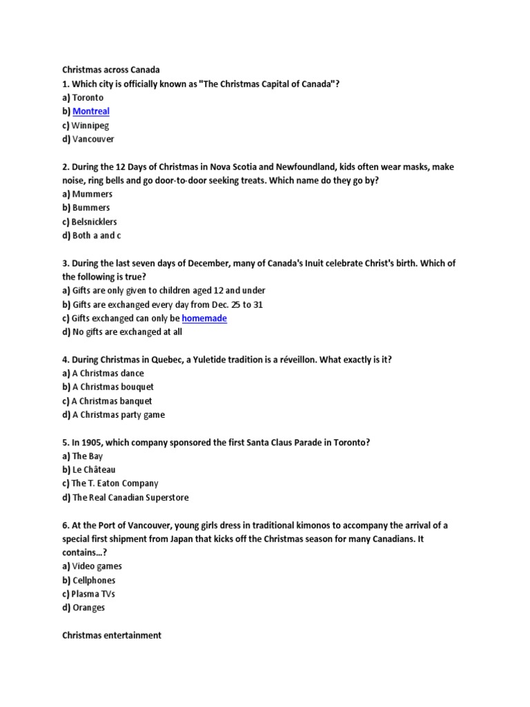 Canadian Christmas Quiz | PDF | Christmas And Holiday Season | Christmas