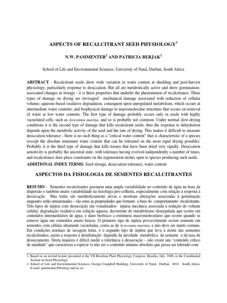 Aspects of Recalcitrant Seed Physiology: N.W. Pammenter and Patricia ...