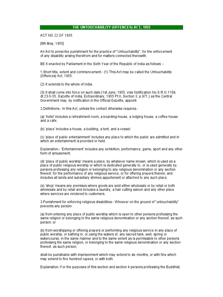 The Untouchability - Offences - Act, 1955 | PDF | Decree | Capital ...