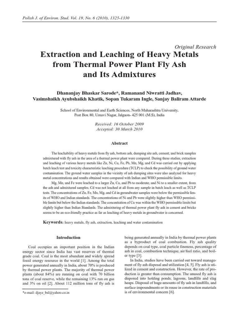 Extraction and Leaching of Heavy Metals From Thermal Power Plant Fly ...