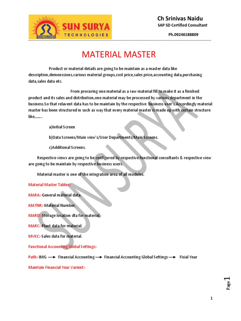 SAP Material Master & Financial Setup Guide | PDF
