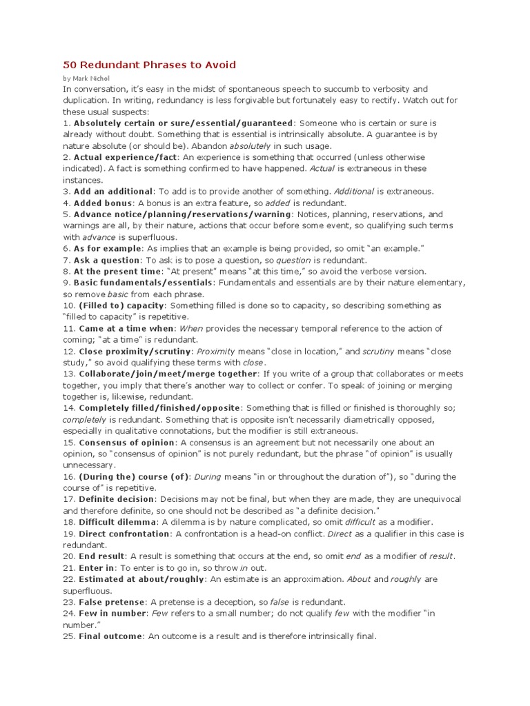 50 Redundant Phrases To Avoid | PDF | Consensus Decision Making | Semiotics