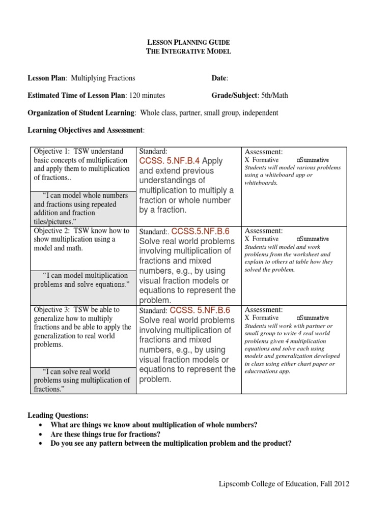 Multiplying Fractions Lesson Plan Fraction Mathematics Multiplication