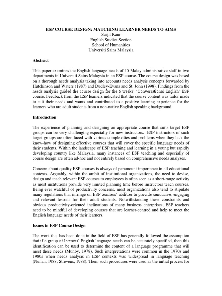 ESP Course Design for Learner Needs | PDF
