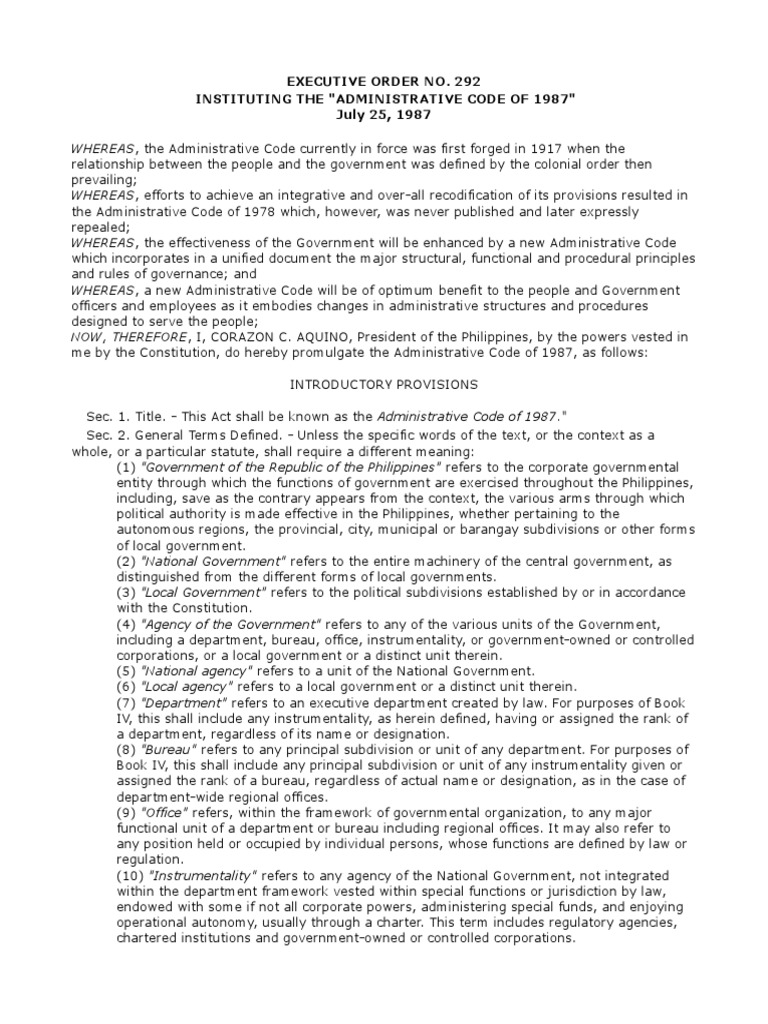 Executive Order No. 292 Instituting The "Administrative Code of 1987 ...