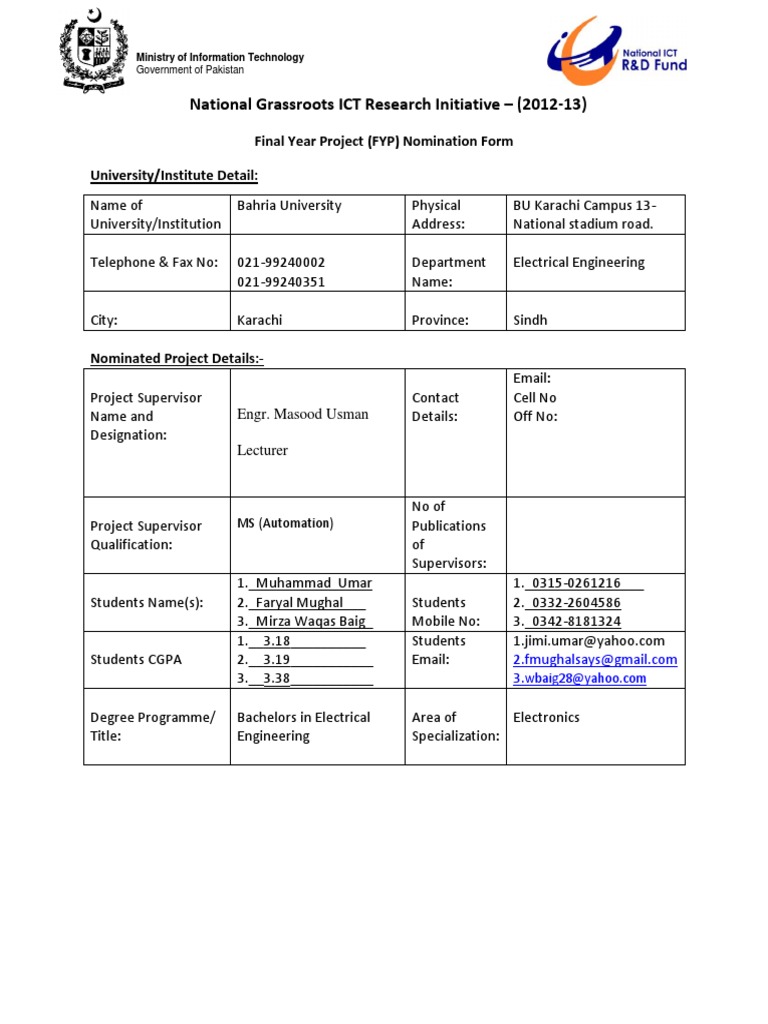 National Grassroots ICT Research Initiative – (2012-13) Final Year Project (FYP) Nomination Form ...