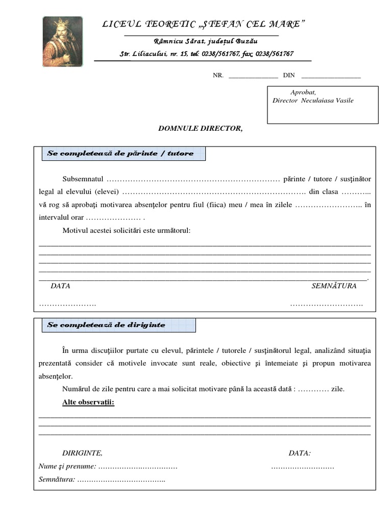 Model Cerere Motivare Absente | PDF