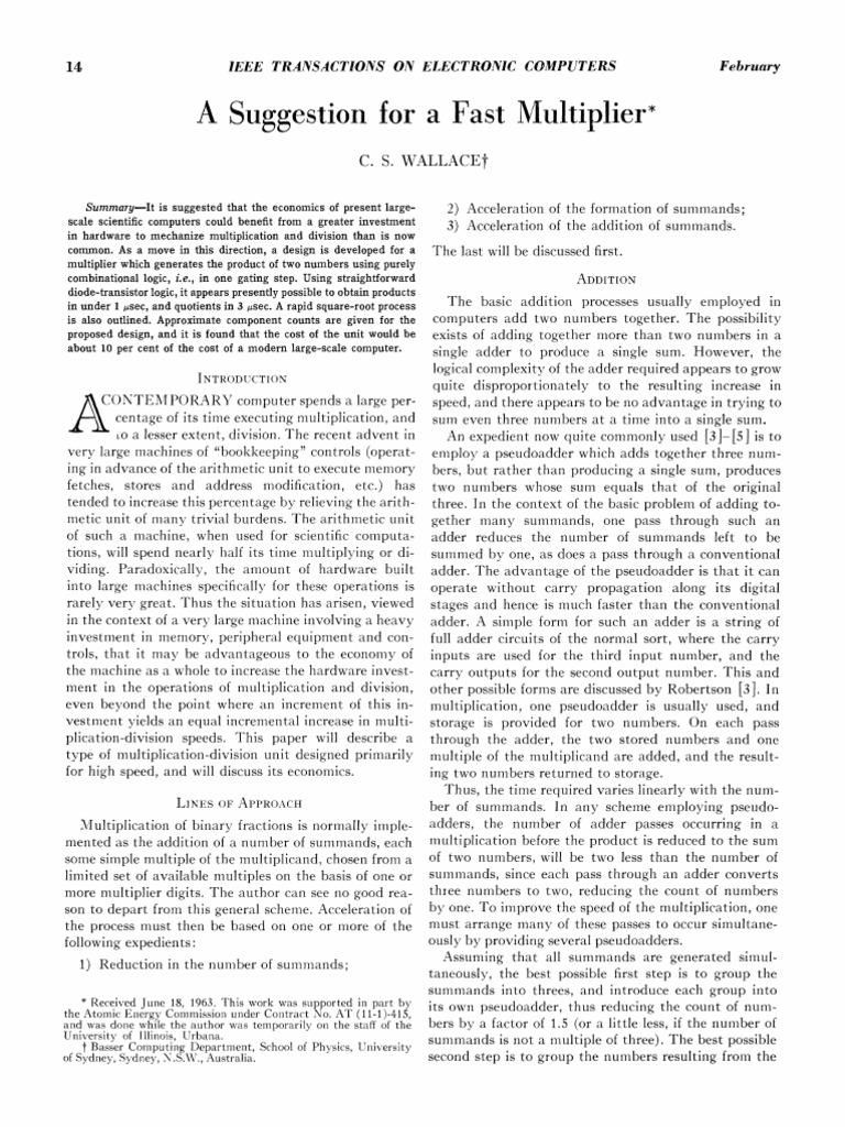 C. S. Wallace, A Suggestion For A Fast Multiplier | PDF ...