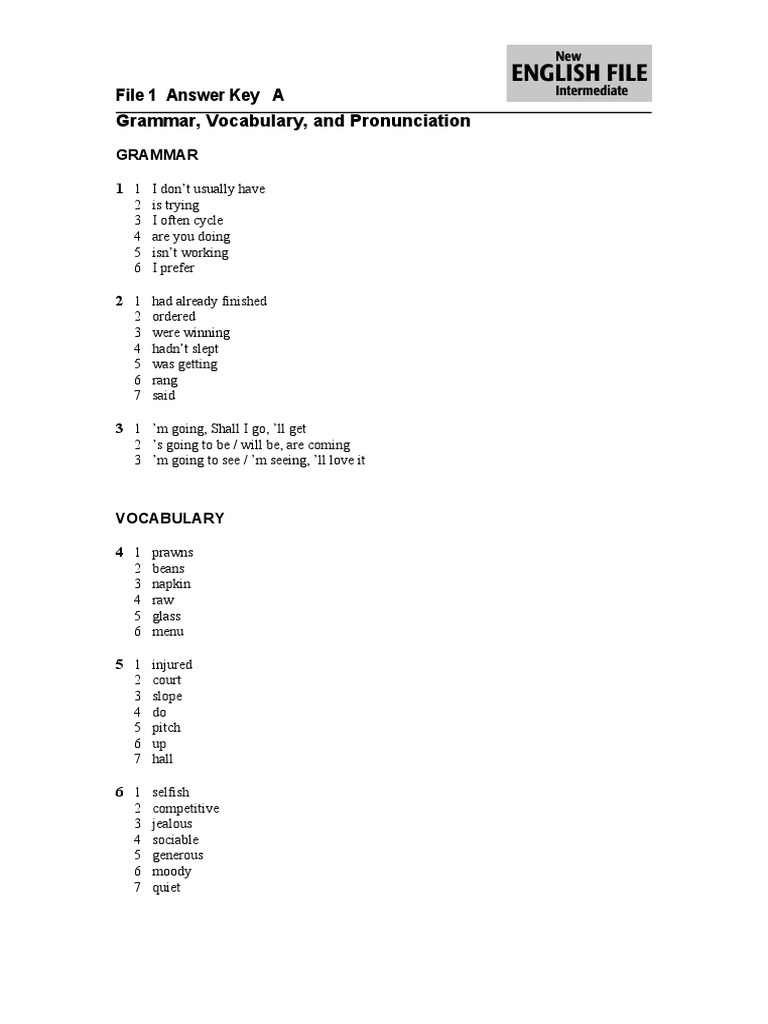 File 1 Answer Key A Grammar, Vocabulary, and Pronunciation | PDF ...