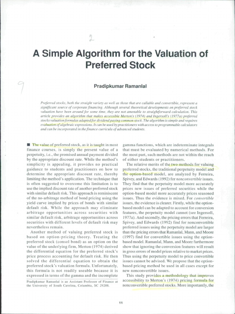 A Simple Algorithm For The Valuation of Preferred Stock | PDF | Stocks | Preferred Stock
