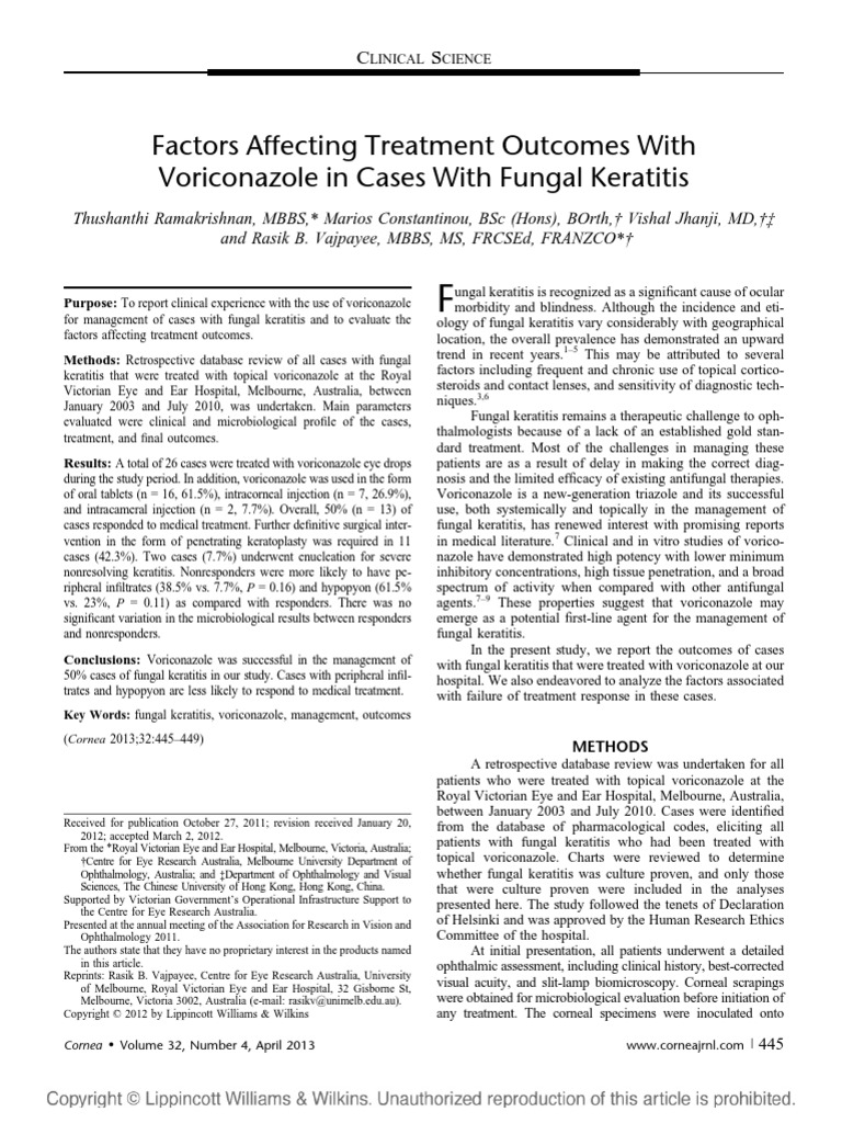 Factors Affecting Treatment Outcomes With Voriconazole in Cases With Fungal Keratitis. | PDF ...