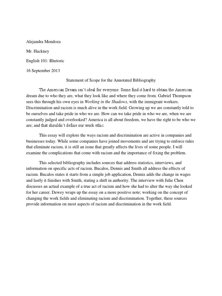 Annotated Bibliography & Statement of Scope | American Dream | Racism