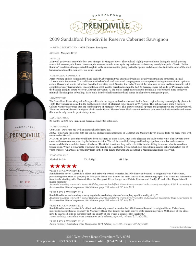 2009 Sandalford Prendiville Reserve - Cabernet Sauvignon, Tasting Note ...