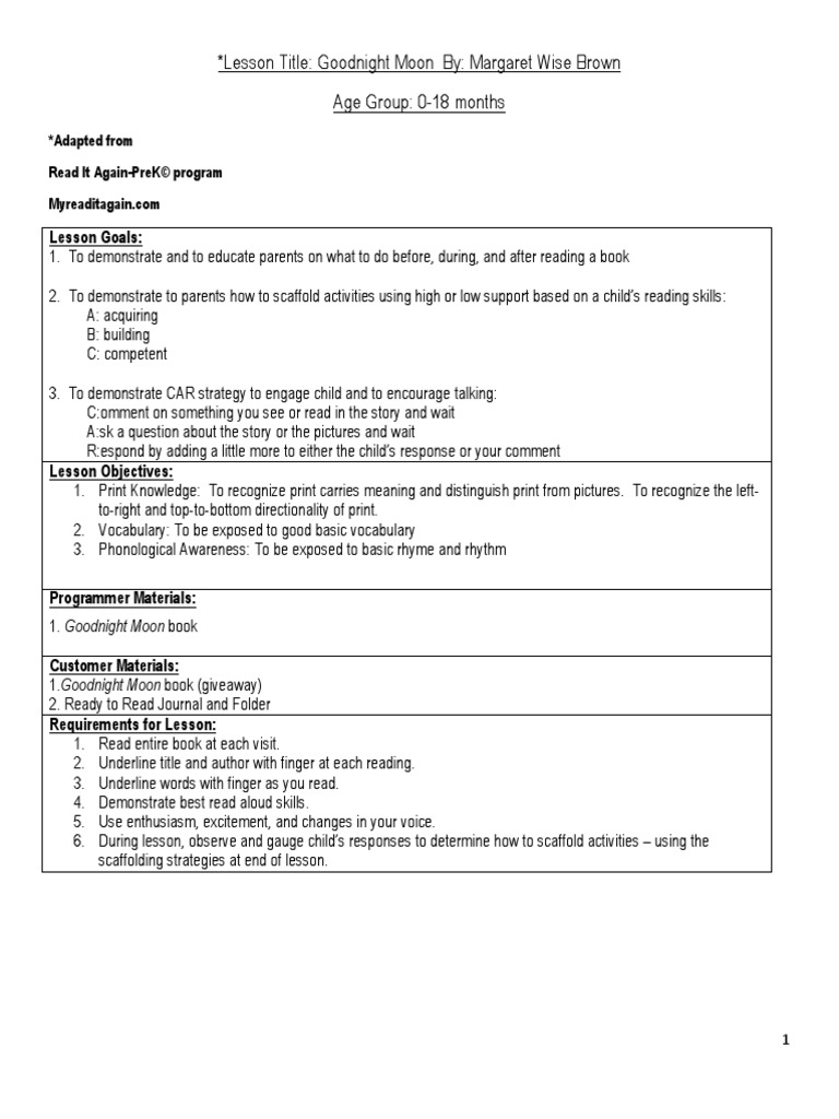 Goodnight Moon - Lesson Plan Edited | PDF | Vocabulary | Reading (Process)