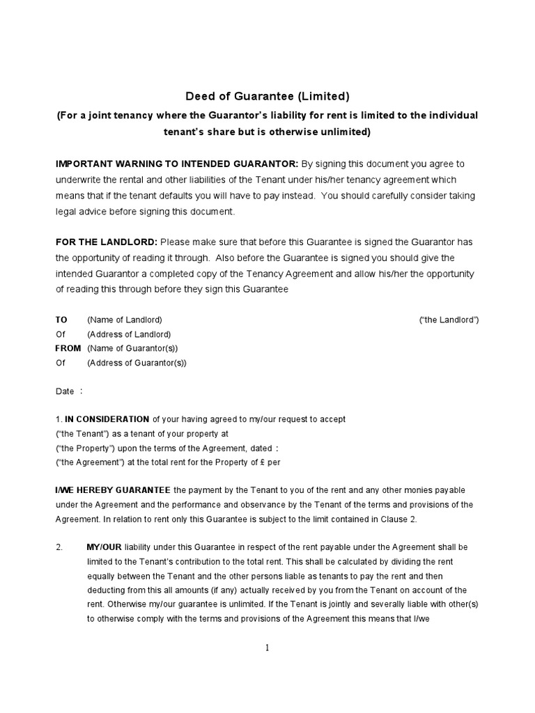 Deed of Guarantee Blank | Leasehold Estate | Guarantee