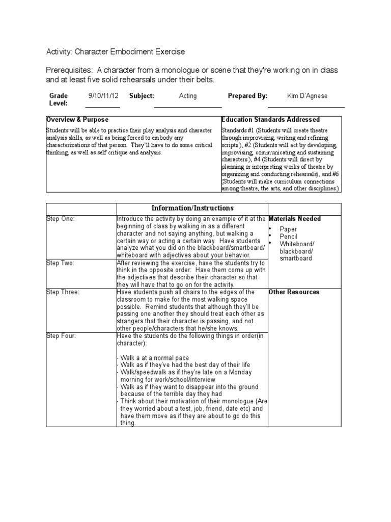 Character Embodiment Lesson Plan | PDF | Embodied Cognition | Lesson Plan
