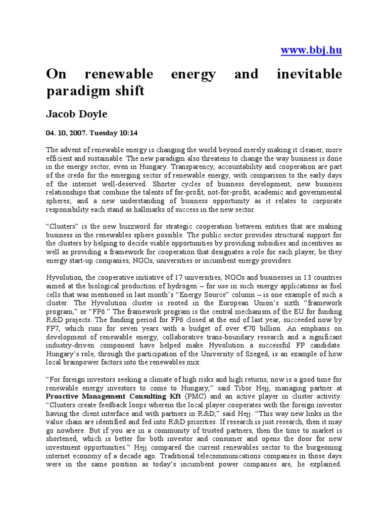 Newable Energy and Inevitable Paradigm Shift | PDF | Wind Power ...
