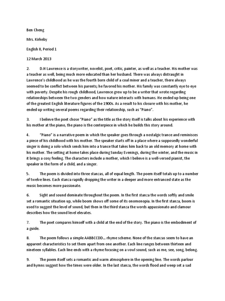 Piano Poem Analysis | Poetry