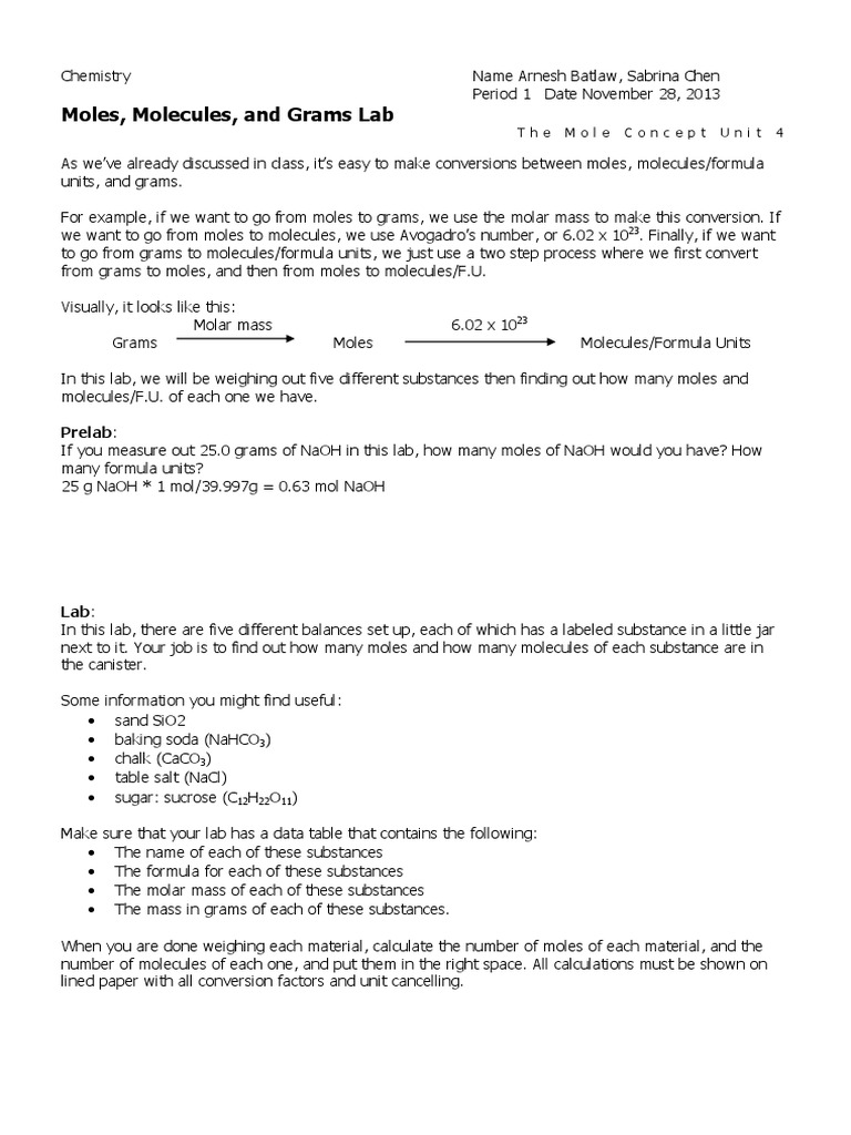 Lab 1 - Moles Molecules and Grams | PDF | Mole (Unit) | Physical Quantities